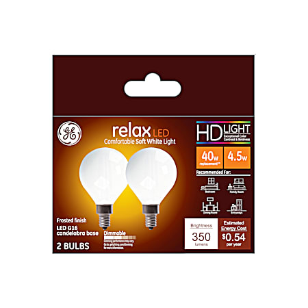 4.5W Relax LED G16 Soft White Frosted Globe Light Bulbs - 2 Pk by GE at ...