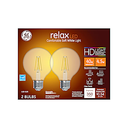 4.5W Relax LED G25 Soft White Clear Globe Light Bulbs - 2 Pk by GE at ...