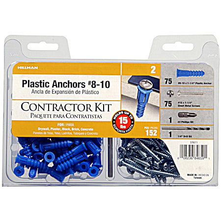 152 Pc #8-10 x 1.25 in Blue Plastic Anchors Contractor Kit by Hillman ...